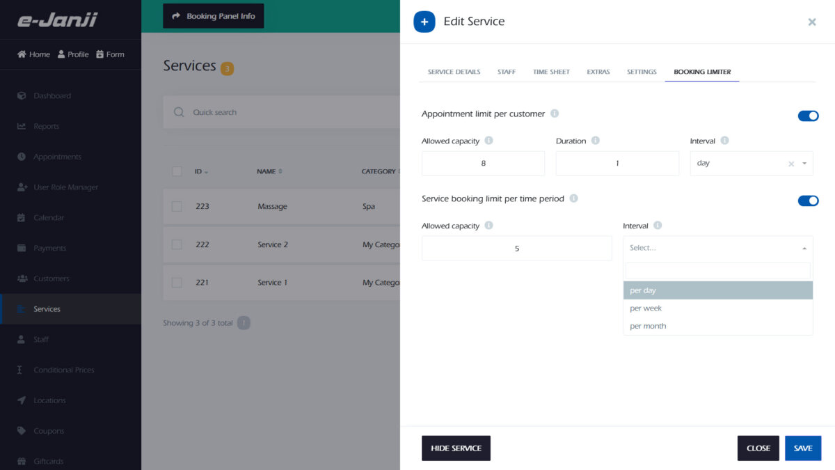 Booking Limit Manager settings and instructions - e-Janji